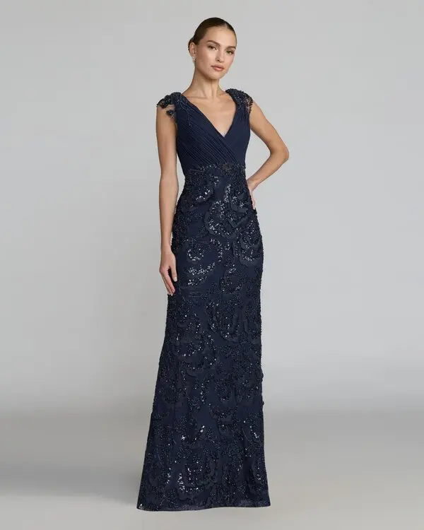 Mac Duggal Beaded Floral Chiffon Gown - Navy