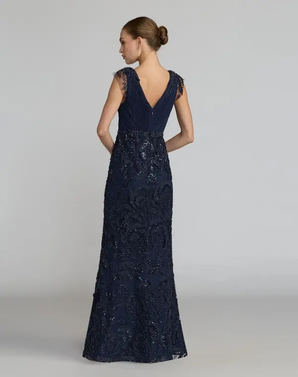 Mac Duggal Embellished Floral Beaded V-neck Evening Gown