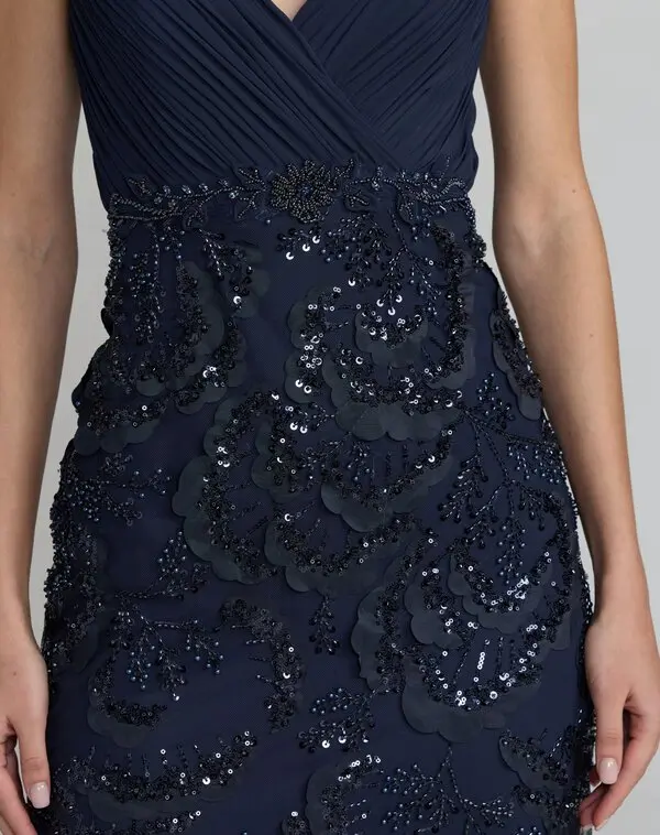 Mac Duggal Embellished Floral Beaded V-neck Evening Gown