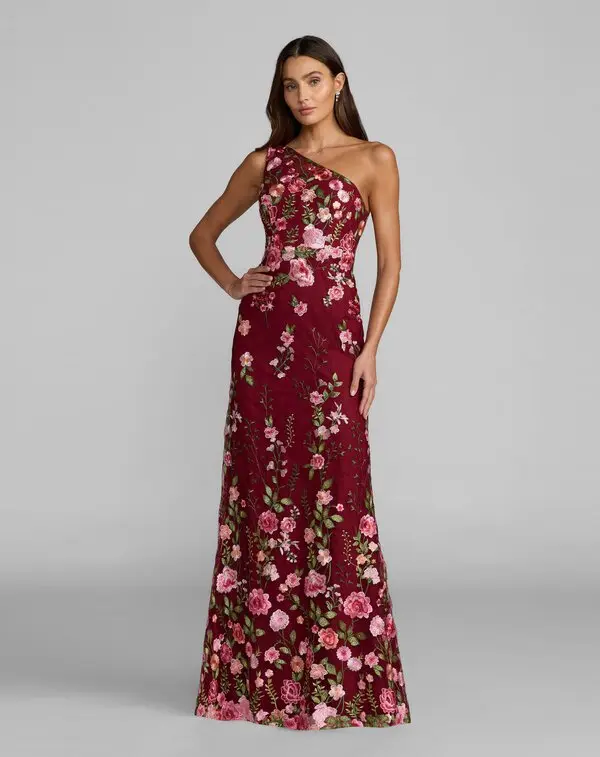 Mac Duggal One Shoulder Floral Embroide Gown - Red