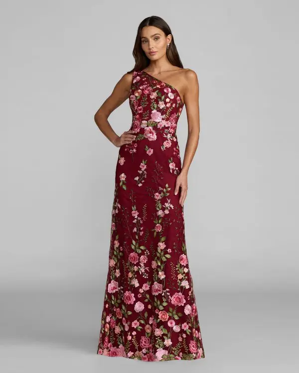 Mac Duggal One Shoulder Floral Embroidered Gown - Red