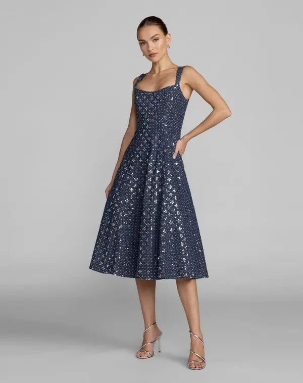 Mac Duggal Sleeveless Sequin Denim Midi Dress - Blue