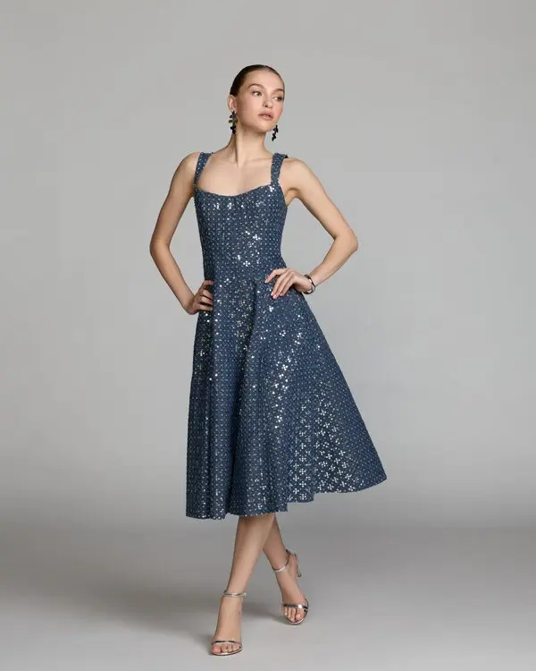 Mac Duggal Sleeveless Sequin A-line Midi Dress
