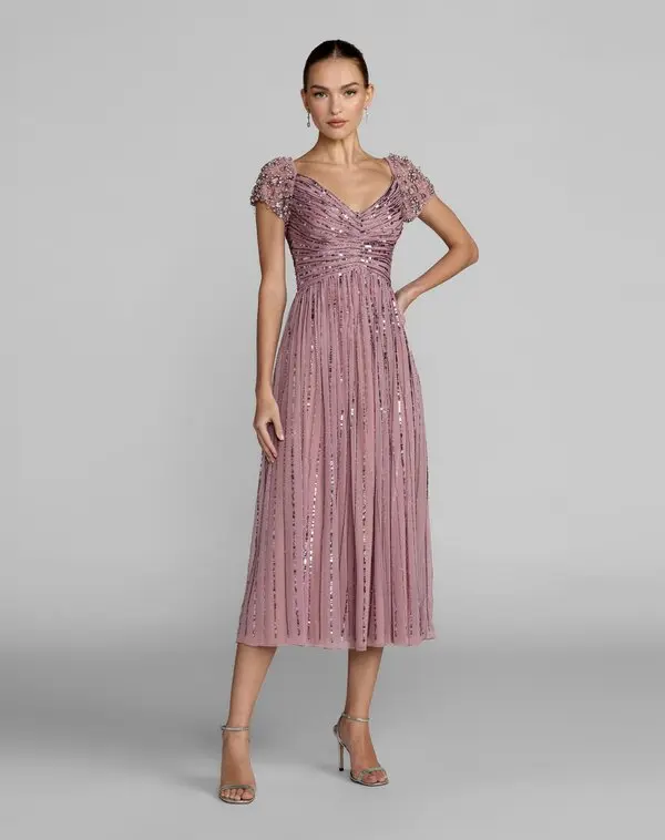 Mac Duggal Embellished Cap Sleeve Midi Dress - Purple