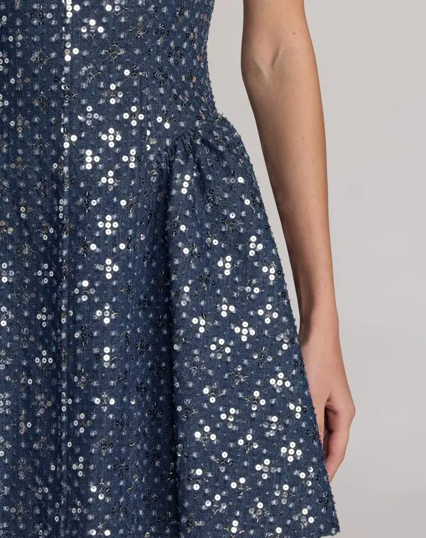 Mac Duggal Sleeveless Sequin Embellished Denim Mini Dress