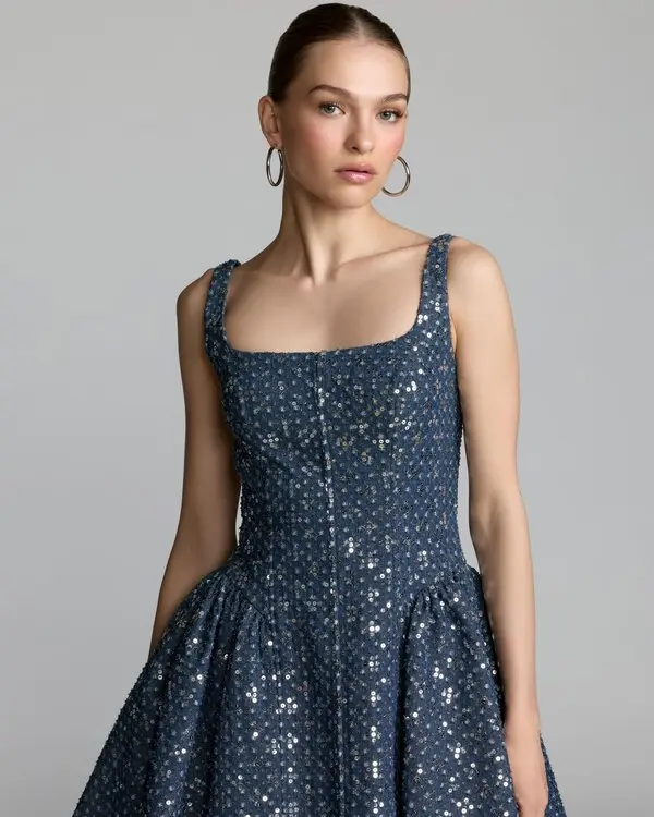 Mac Duggal Sleeveless Sequin Embellished Denim Mini Dress