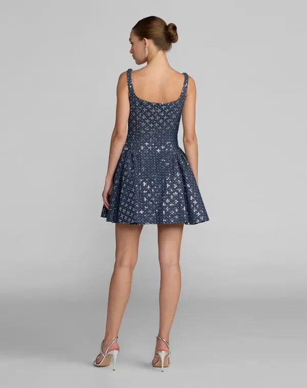 Mac Duggal Sleeveless Sequin Embellished Denim Mini Dress