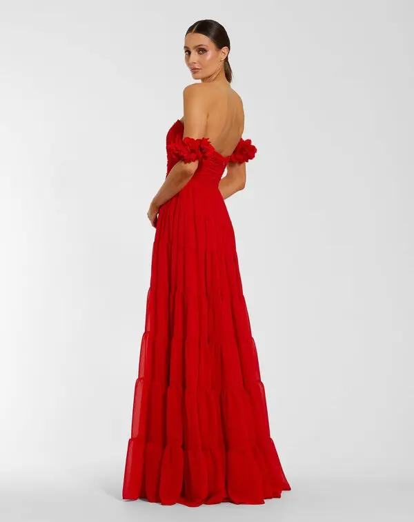 Mac Duggal Off-the-shoulder 3d Floral Applique Gown