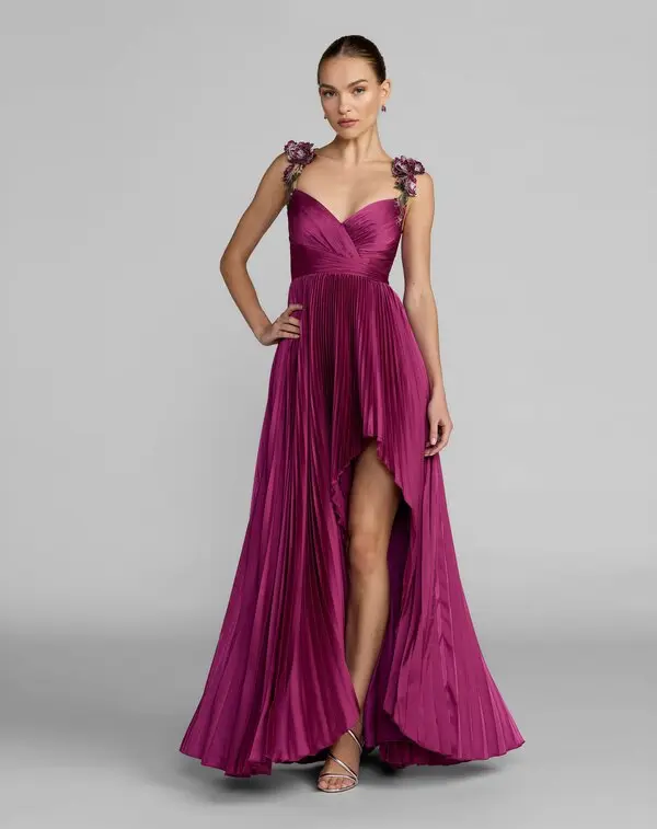 Mac Duggal Pleated High Low Gown With 3d Floral Straps - Purple