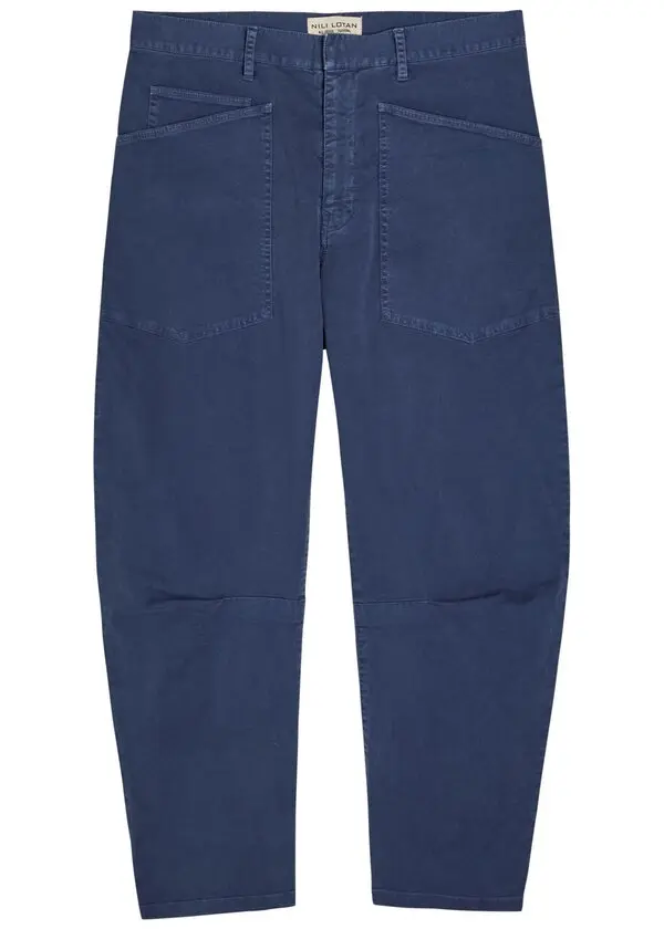NILI LOTAN Shon Barrel-leg Stretch-cotton Trousers - Navy