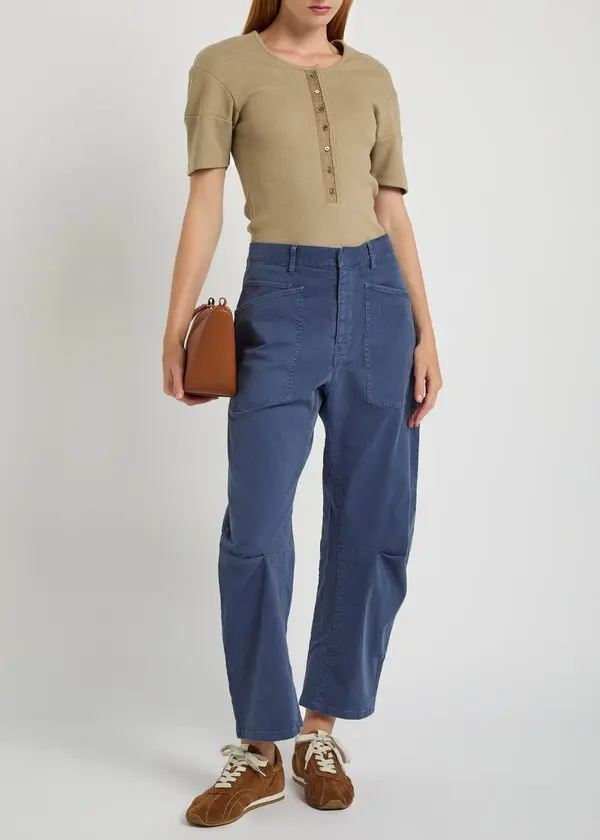 NILI LOTAN Shon Barrel-leg Stretch-cotton Trousers - Navy