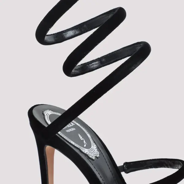 Rene Caovilla Velvet Snake Ankle Strap Sandals - Black