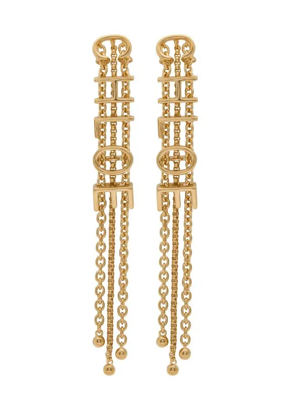 Chloé Brass Logo Plaque Chain Fringe Drop Earrings - Gold