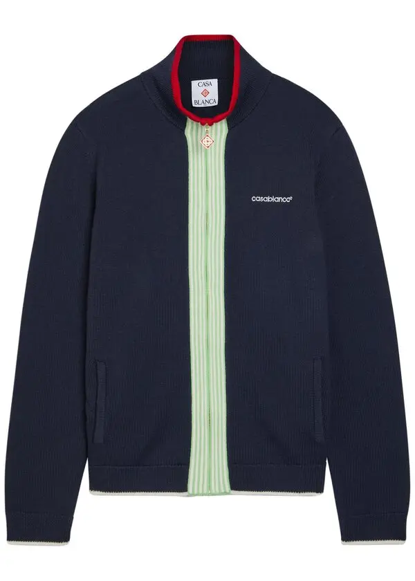 Casablanca Logo Embroidered Fine-knit Wool Track Jacket - Navy
