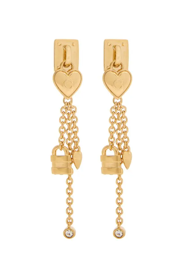 Chloé C" Engraved Heart Drop Earrings With Padlock And Crystal Embellishments - Gold