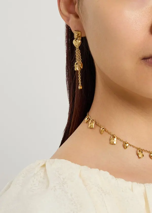 Chloé C" Engraved Heart Drop Earrings With Padlock And Crystal Embellishments