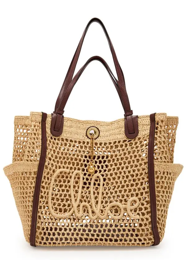 Chloé Iconic Logo Leather And Raffia Tote Bag - Sand