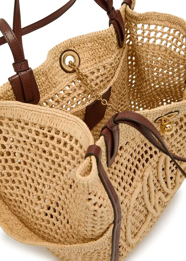Chloé Iconic Logo Leather And Raffia Tote Bag - Sand