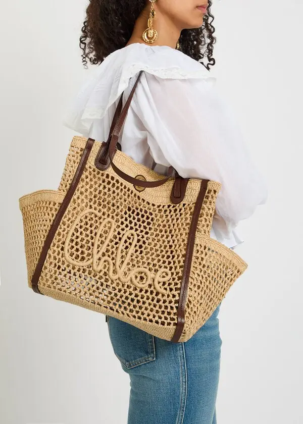 Chloé Iconic Logo Leather And Raffia Tote Bag - Sand