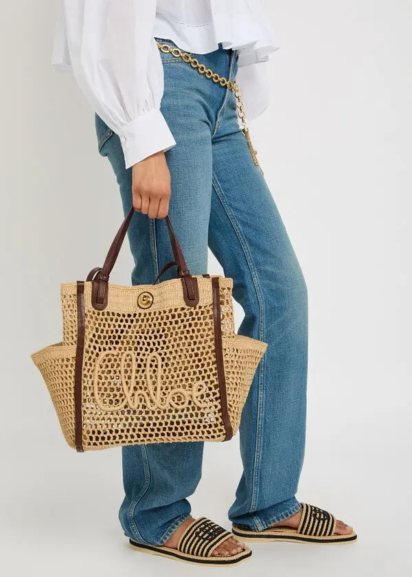 Chloé Iconic Logo Leather And Raffia Tote Bag - Sand