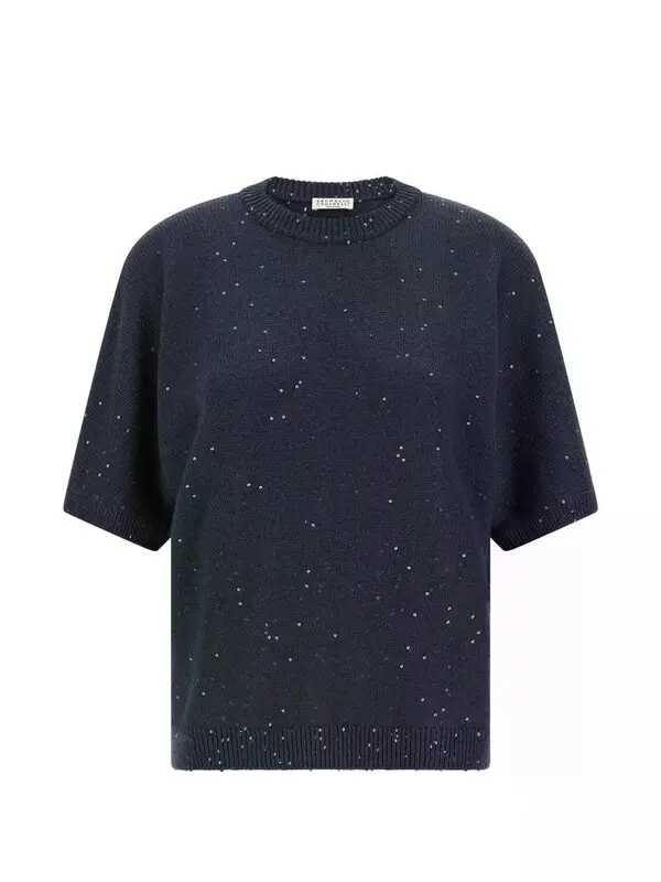 Brunello Cucinelli Sequin Embellished Short Sleeve Sweater - Blue