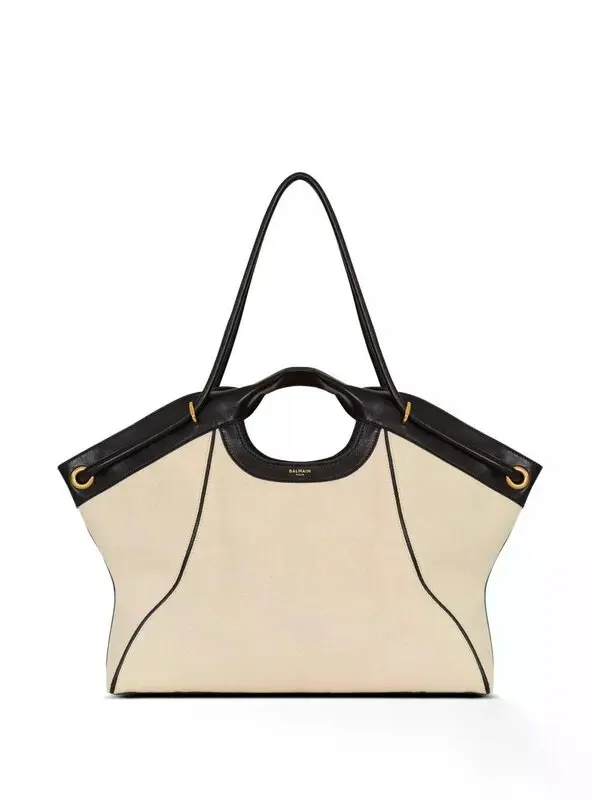 Balmain Large Tote In Smooth Leather And Canvas - Neutrals