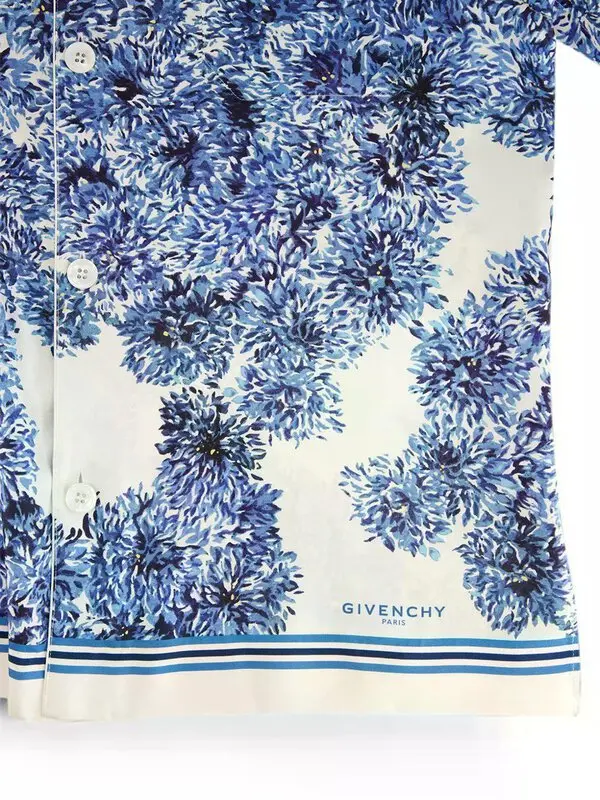 Givenchy Couture Seam Pompom Flower-print Silk Bowling Shirt