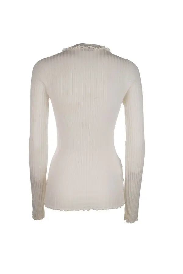 Miu Miu Ribbed Knit Ruffle Neck Long Sleeve Top - Multicolor