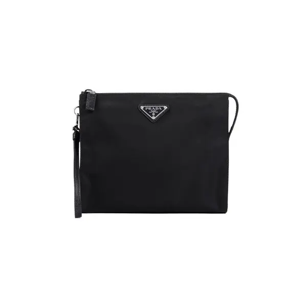 Prada Re-nylon Pouch With Saffiano Leather Wristlet - Black