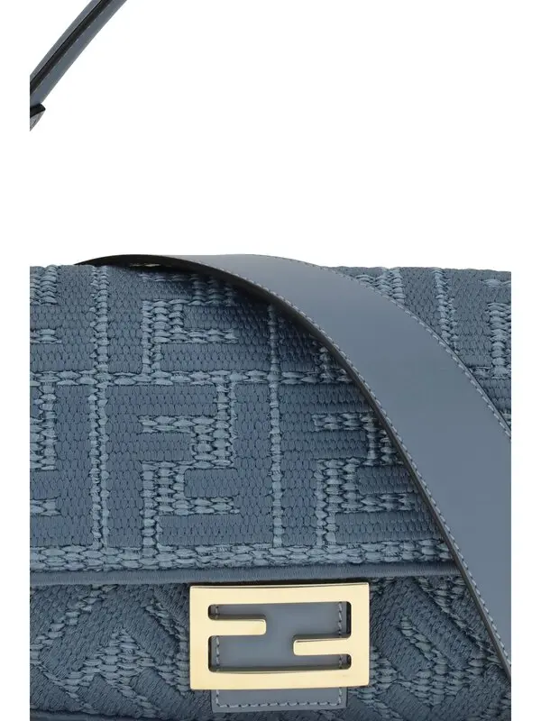 Fendi Medium Woven Raffia Shoulder Bag With Ff Embroidery