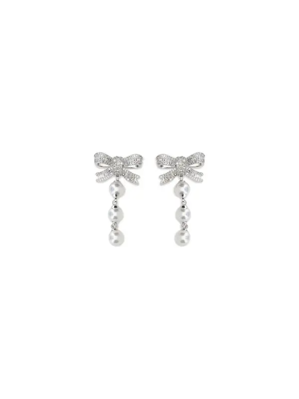 SELF-PORTRAIT Crystal Bow And Pearl Drop Earrings - Silver