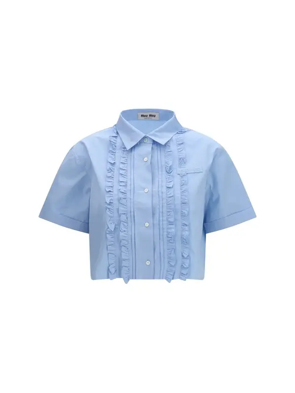 Miu Miu Cropped Poplin Shirt With Ruffle Details - Blue