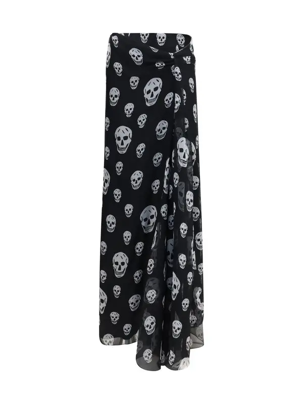 Alexander McQueen Skull Print Draped Maxi Skirt - Black