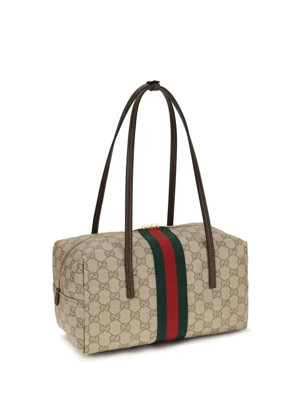 Gucci Medium Boston Melrose Shoulder Bag In Gg Fabric With Web Stripe - Cream