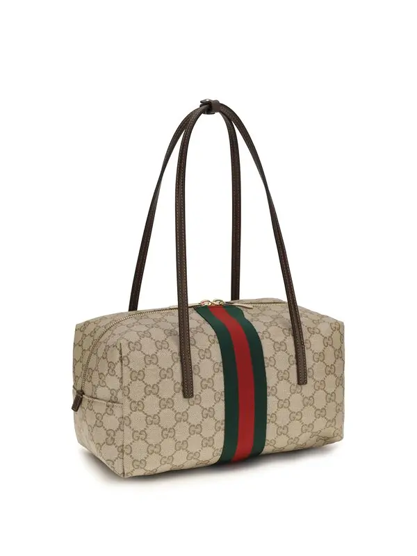 Gucci Medium Boston Melrose Shoulder Bag In Gg Fabric With Web Stripe - Cream