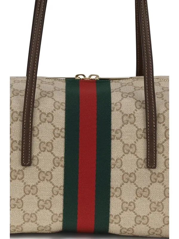 Gucci Medium Boston Melrose Shoulder Bag In Gg Fabric With Web Stripe - Cream