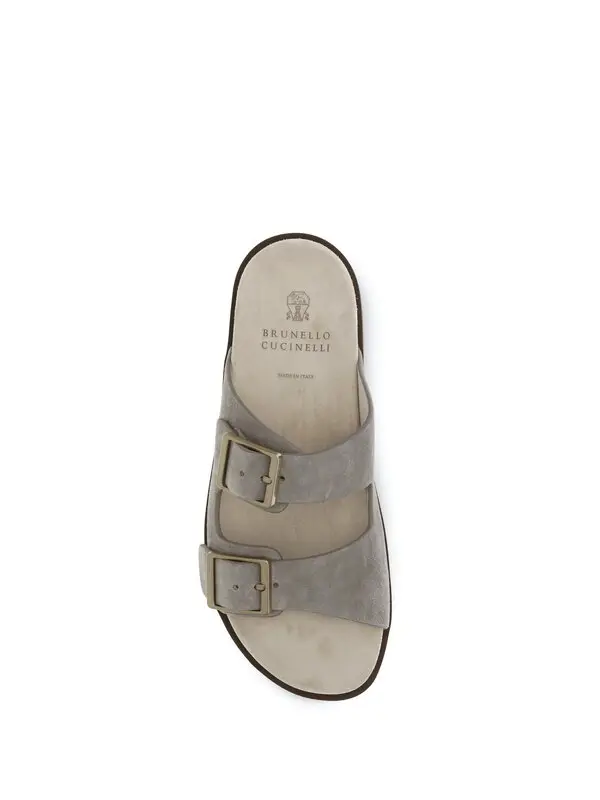 Brunello Cucinelli Suede Double Strap Sandals - Gray