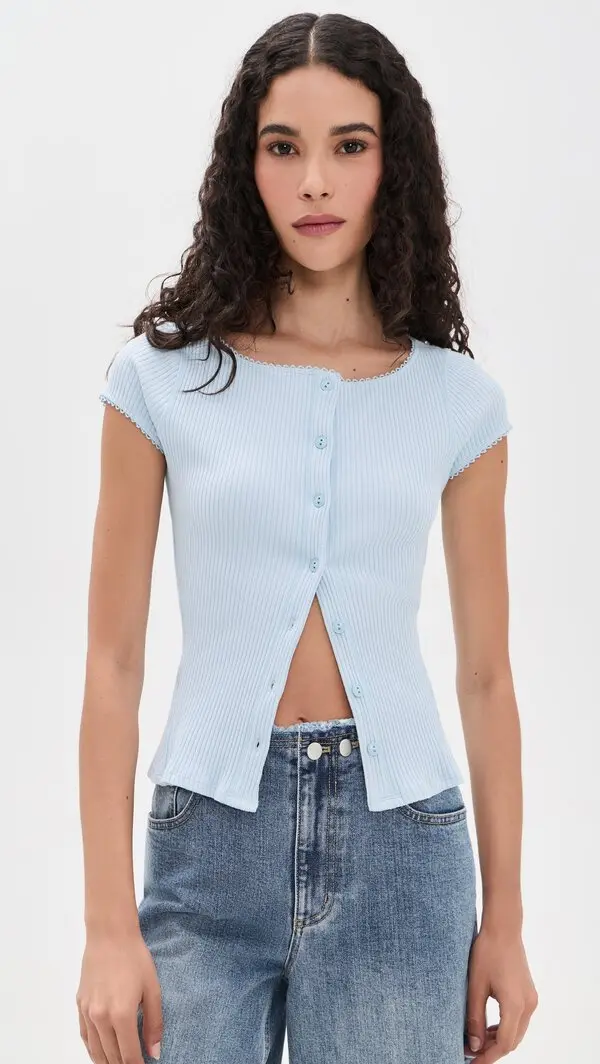 Free People Ribbed Scalloped Trim Cardigan