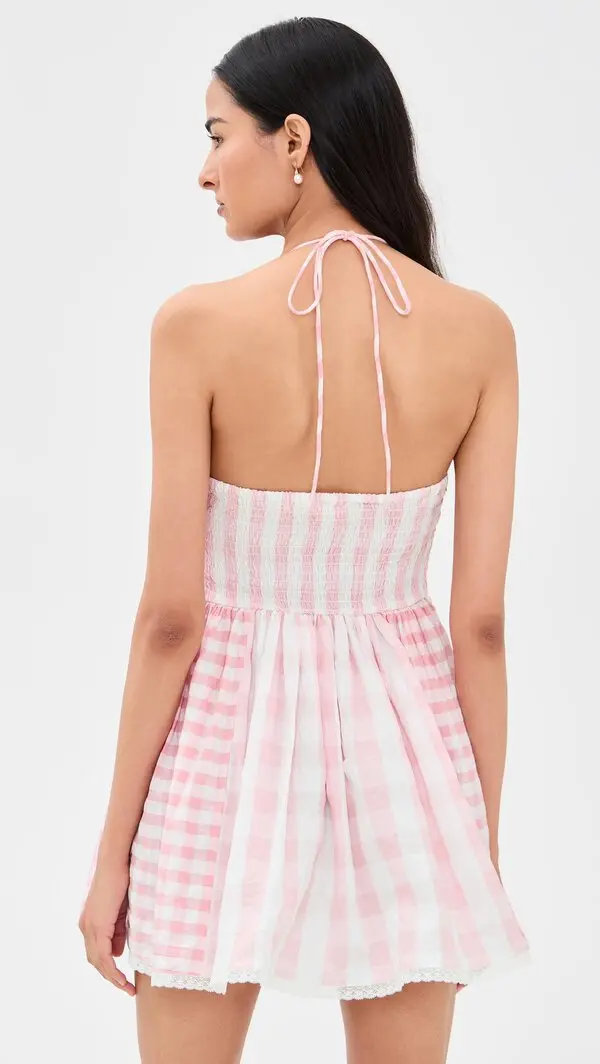 LoveShackFancy Arletta Gingham Check Halterneck Mini Dress - Watermelon Waves