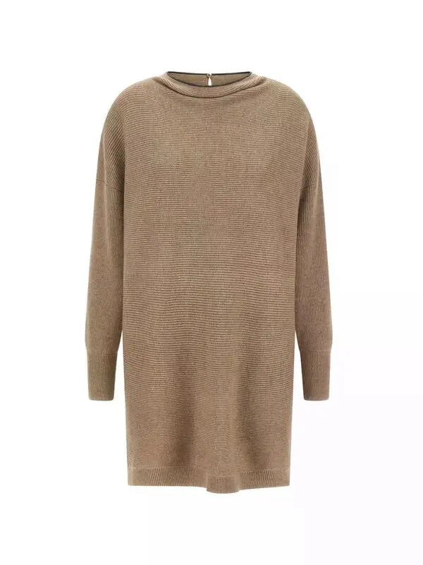 Brunello Cucinelli Beige Ribbed Knit Dress With Monile Embellished Collar - Neutrals