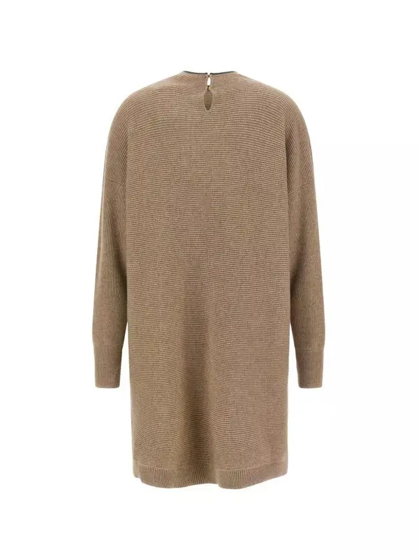 Brunello Cucinelli Beige Ribbed Knit Dress With Monile Embellished Collar