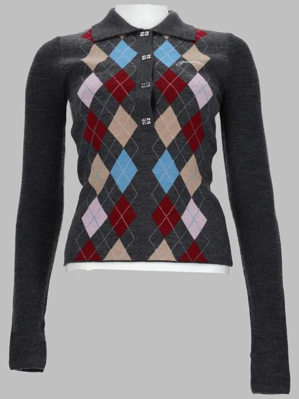 GANNI Maglia Polo A Rombi - Grey
