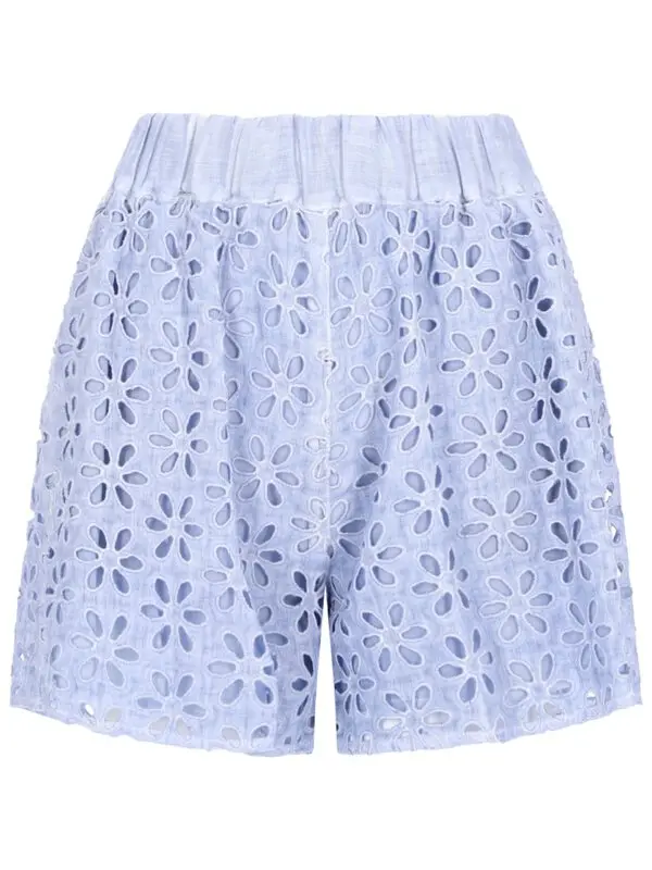 120% Lino Shorts Con Motivo Traforato - Azure