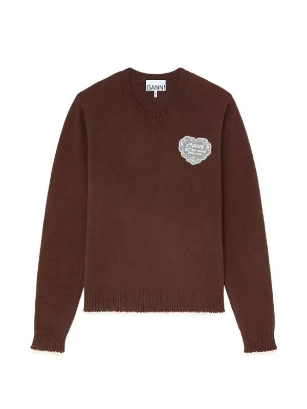 GANNI Logo-patch Crochet-trim Sweater - Brown