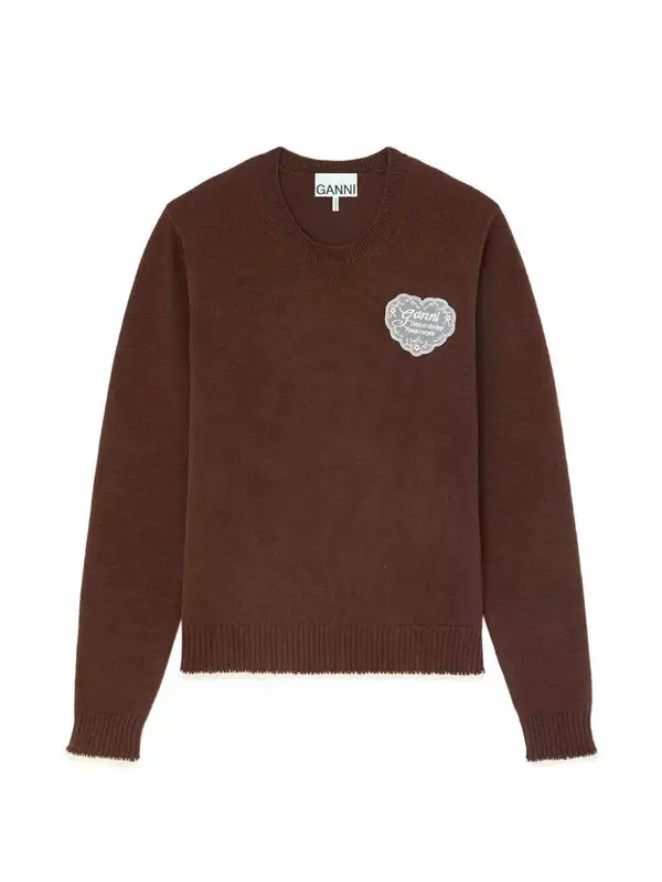 GANNI Logo-patch Crochet-trim Sweater - Brown