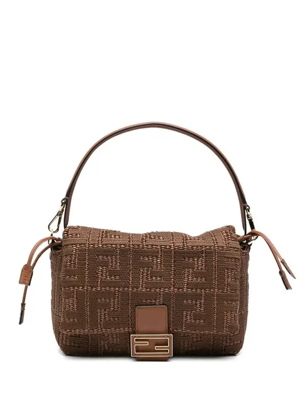 Fendi Mamma Baguette Medium Sellier Raffia-effect Woven Bag With Ff Embroidery - Brown