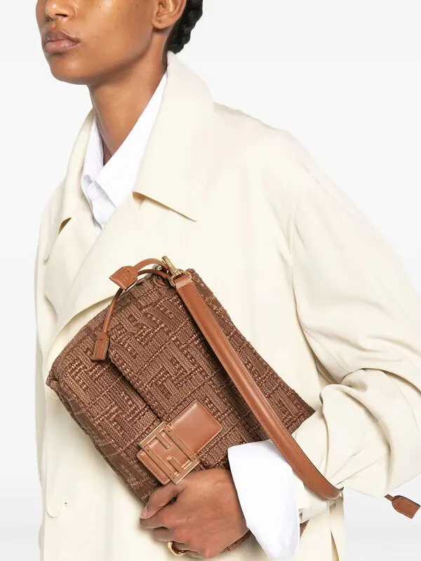 Fendi Mamma Baguette Medium Sellier Raffia-effect Woven Bag With Ff Embroidery - Brown