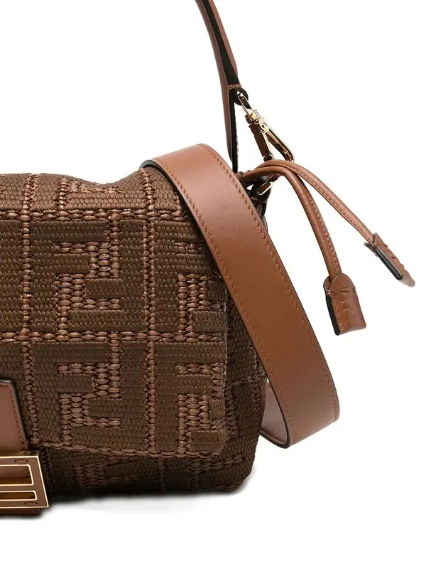 Fendi Mamma Baguette Medium Sellier Raffia-effect Woven Bag With Ff Embroidery - Brown