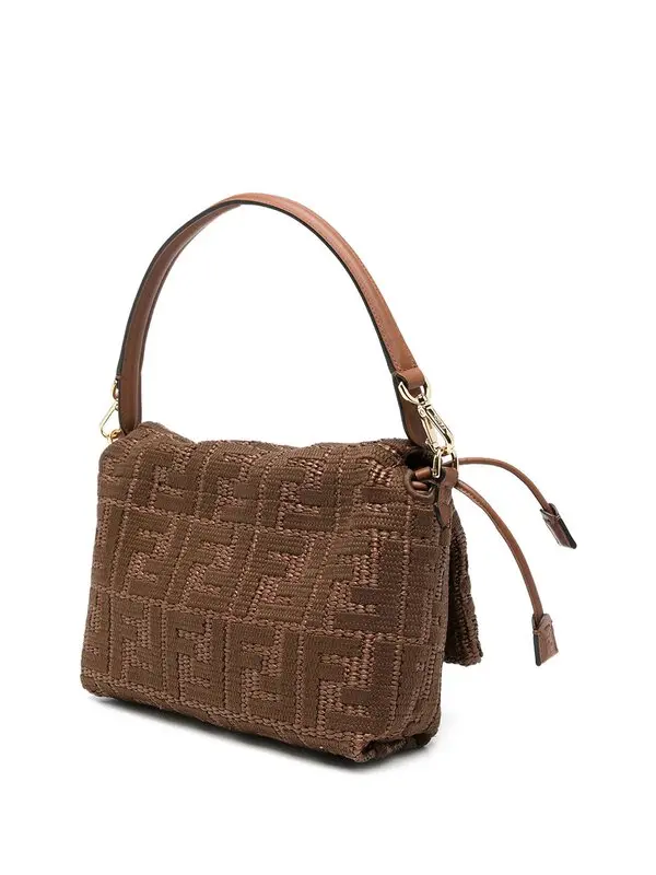 Fendi Mamma Baguette Medium Sellier Raffia-effect Woven Bag With Ff Embroidery - Brown