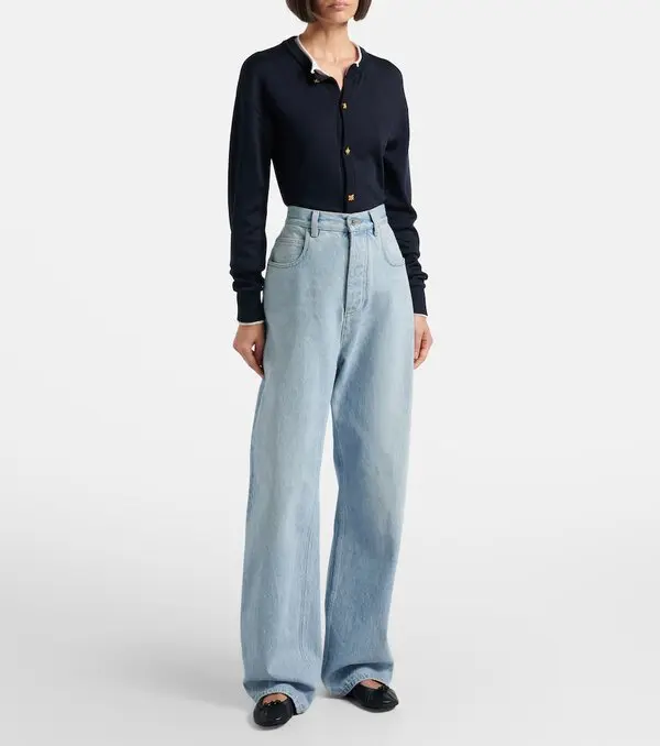 Bottega Veneta Intrecciato Leather-trimmed Wide-leg Jeans - Blue